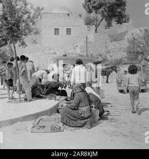 Street trade on the market of Safad (Safed). Women bring vegetables to ...