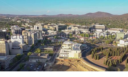 Aerial panorama of Canberra city on a sunny bright day as seen from ...