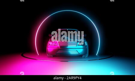 Car with neon light circle frames on dark background. 3D illustration ...