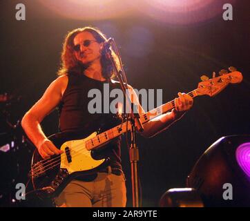 OCTOBER 13: Geddy Lee of RUSH performs during the Vapor Trails Tour at ...