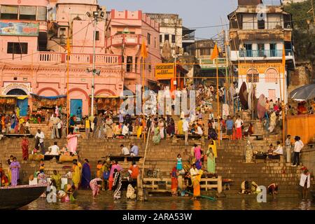 Scenic morning view of Holy ghats beside Ganges river, also Ganga river ...