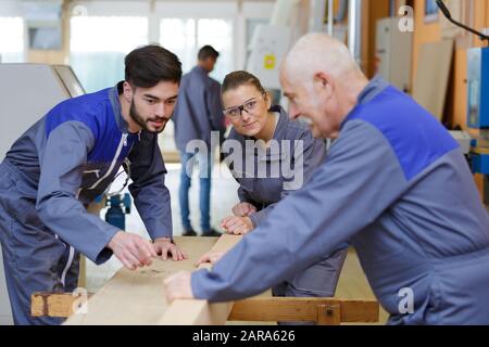 carpentry apprentice demonstrating machine operation Stock Photo - Alamy