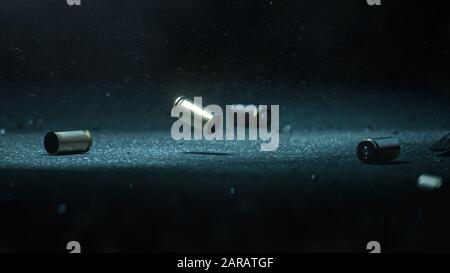 Bullet shells ground. Cases of bullets lying on the floor of asphalt ...