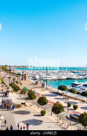CAMBRILS, SPAIN - JANUARY 26, 2020: Aerial view over the port and the ...