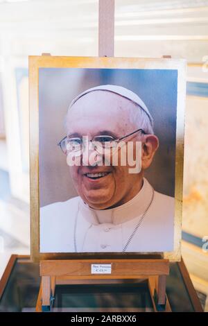 Rome, Italy - Jan 3, 2020: Souvenirs showing the Pope Francis are sold ...