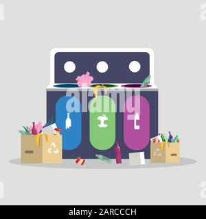 Waste segregation management concept. Different colored recycle waste ...