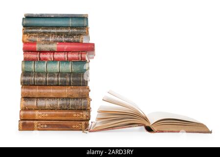 Large books pile with single open book on it isolated on white Stock ...