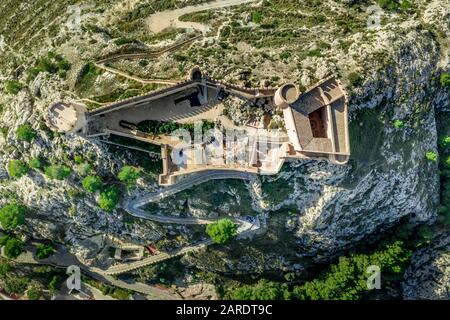 Aerial view of Castalla castle in Valencia province Spain with donjon ...