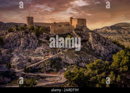 Aerial view of Castalla castle in Valencia province Spain with donjon ...