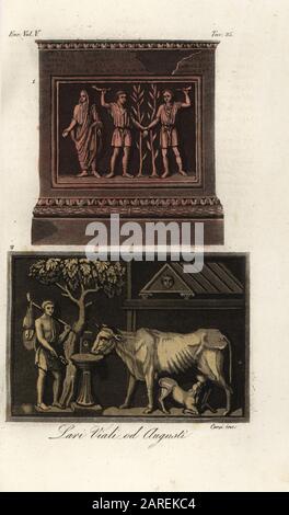 An ancient Roman fresco in the lararium, a shrine to Roman guardian ...