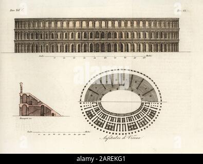 Plan and elevation of the Verona Arena, built in AD30. Anfiteatro di Verona. Handcoloured ...