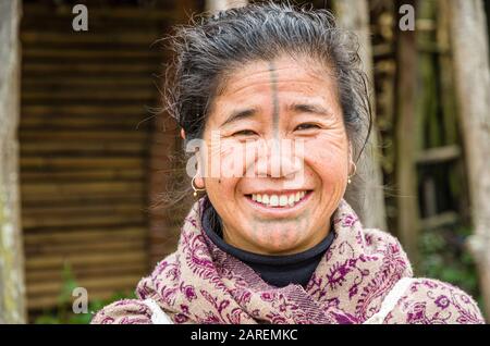 Apatani tribal woman with traditional yaping hullo (nose plugs) and ...