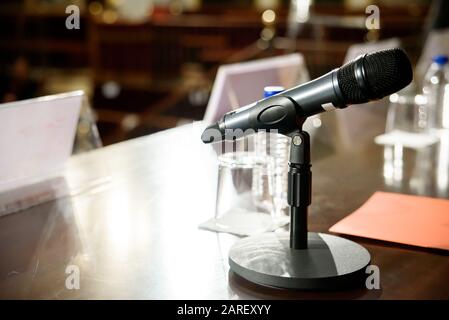 Microphone in conference room to communicate to the audience a business ...