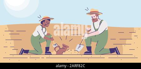 Cartoon archaeological excavation, archaeologists discovering ancient ...