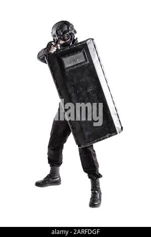 SWAT fighter hiding behind ballistic shield on white Stock Photo - Alamy