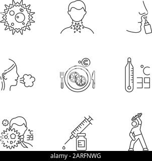 Common cold linear icons set. Influenza treatment. Disease cure ...