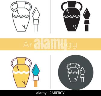 Ancient artifacts linear icon. Greek amphora. Roman spear. Cracked clay vase. Spartan weapon ...