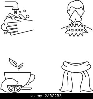 Common cold linear icons set. Influenza treatment. Disease cure ...