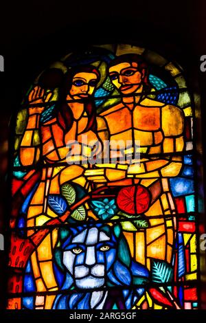 Adam and Eve, stained glass window at Evangelical Church in Wasseralfingen, Germany Stock Photo ...