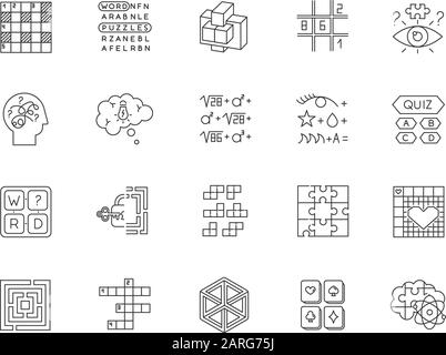 Puzzles and riddles linear icons set. Trivia quiz. Nonogram. Logic game ...