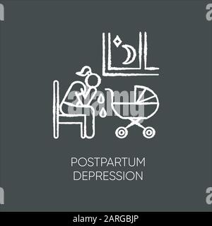 Postpartum depression linear icon. Crying woman. Stress. Tired mother ...