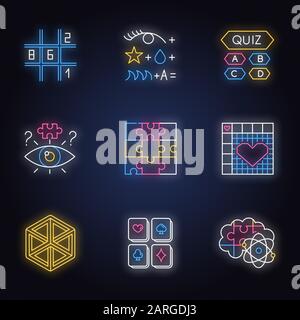 Puzzles and riddles neon light icons set. Mental exercise. Challenge ...