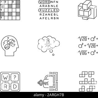 Puzzles and riddles linear icons set. Trivia quiz. Nonogram. Logic game ...
