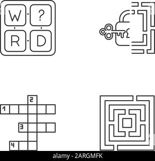 Puzzles and riddles linear icons set. Trivia quiz. Nonogram. Logic game ...