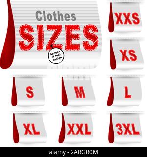 Size clothing fabric ribbon labels. Garment tags vector set. Sign size tag for product fabric ...
