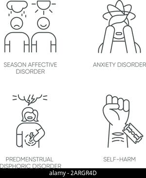 Self-harm linear icon. Cut hand with razor blade. Mental disorder. Hurt ...