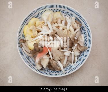 Edible agaricus bisporus button mushrooms. White champignons on a snag ...
