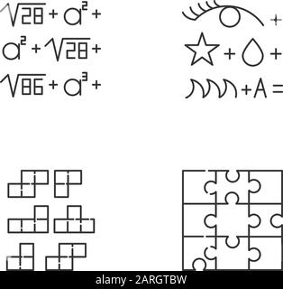 Puzzles and riddles linear icons set. Trivia quiz. Nonogram. Logic game ...