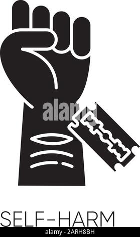 Self-harm icon. Cut hand with razor blade. Open wound. Mental disorder ...
