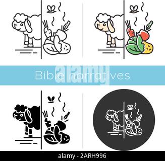 Cain and Abel Bible story linear icon. Offering for God. Flock and crop ...