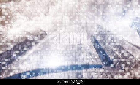 Digital code on blur city background. Abstract Binary code Stock Photo ...