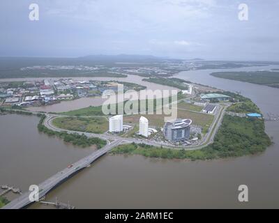 Aerial view of a barrage at the Kuching Isthmus island, with ships ...