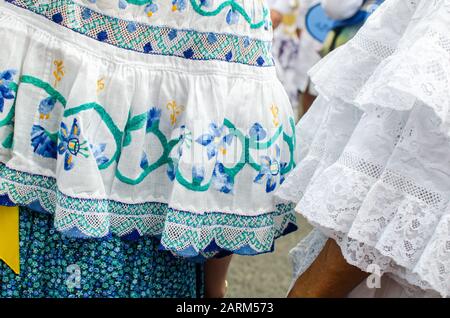 Details of the typical Panamanian dress known as pollera. The pattern is all handmade using ...