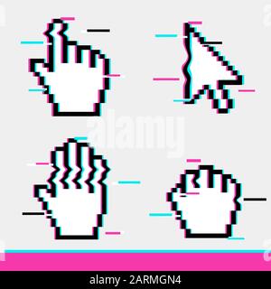 Black pixel glitch mouse hand and arrow cursor icon sign set flat style ...