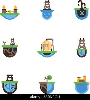 Fracking icon set design, Oil industry fuel technology power industrial ...