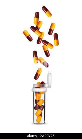 Medical pills falling into glass jar, isolated on white Stock Photo - Alamy