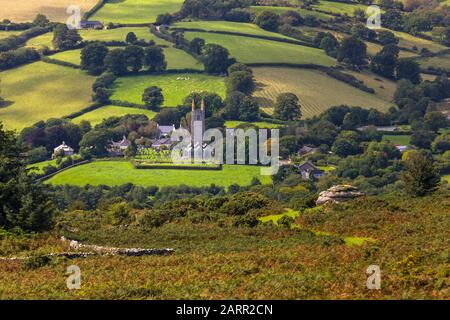 Summer, Widecombe in the Moor village and surrounding Moors, Dartmoor ...