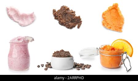 Set with different samples of natural scrubs on white background, top ...