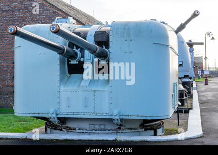 5 inch Royal Navy warship gun on a mount at the Explosion naval ...