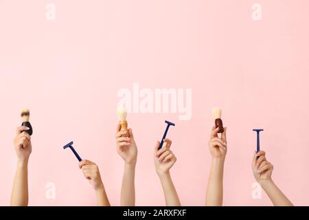 Hands with different tools for shaving on white background Stock Photo ...