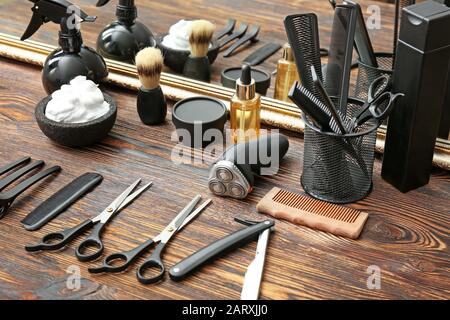 Professional barber's tools on table in salon Stock Photo - Alamy