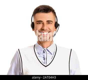 Male technical support agent on beige background, closeup Stock Photo ...