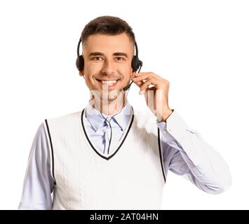 Male technical support agent on beige background Stock Photo - Alamy