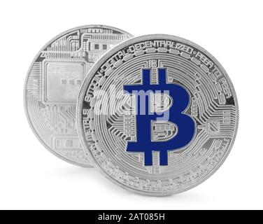 Silver bitcoins on white background Stock Photo - Alamy
