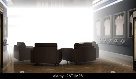 An interior of a soccer themed man cave with sports memorabilia ...