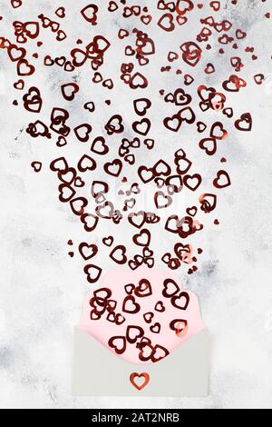 Sparkling confetti pouring out of envelope on pastel pink background ...